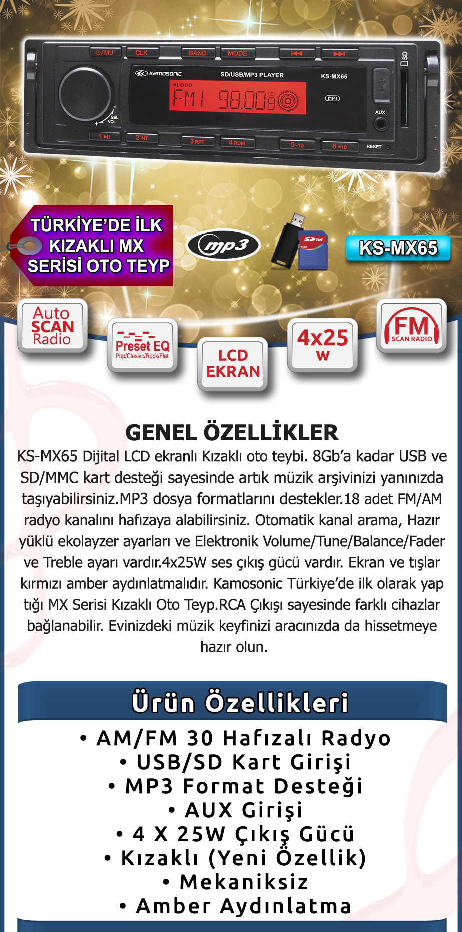Kamosonic KS-MX65 Kızaklı-USB-SD-MP3 Çalar Fiyatı