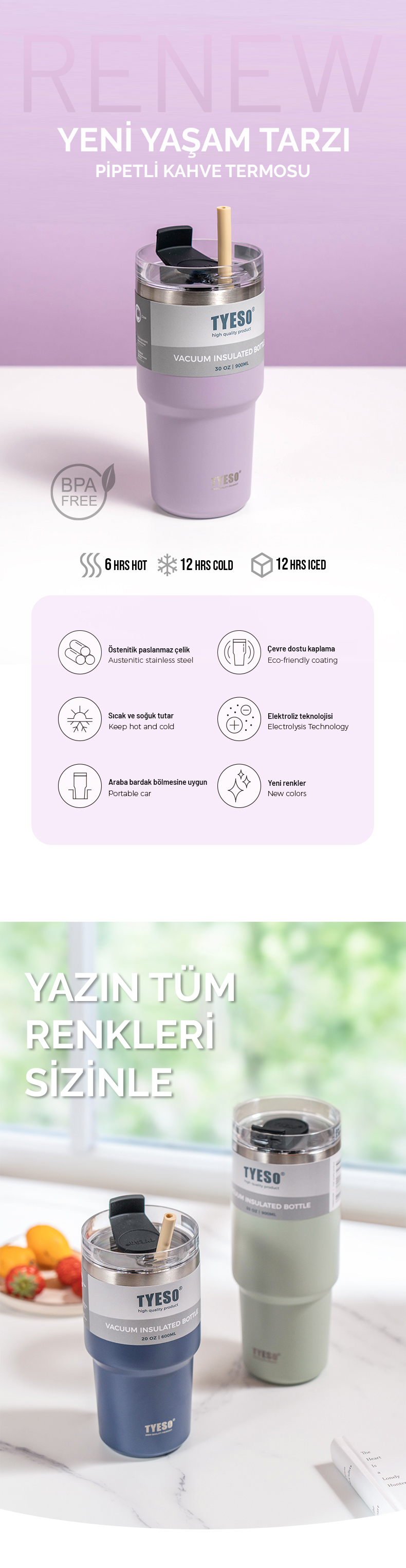 Tyeso Tripletask Termos Vakumlu Paslanmaz Çelik Pipetli Fiyatı