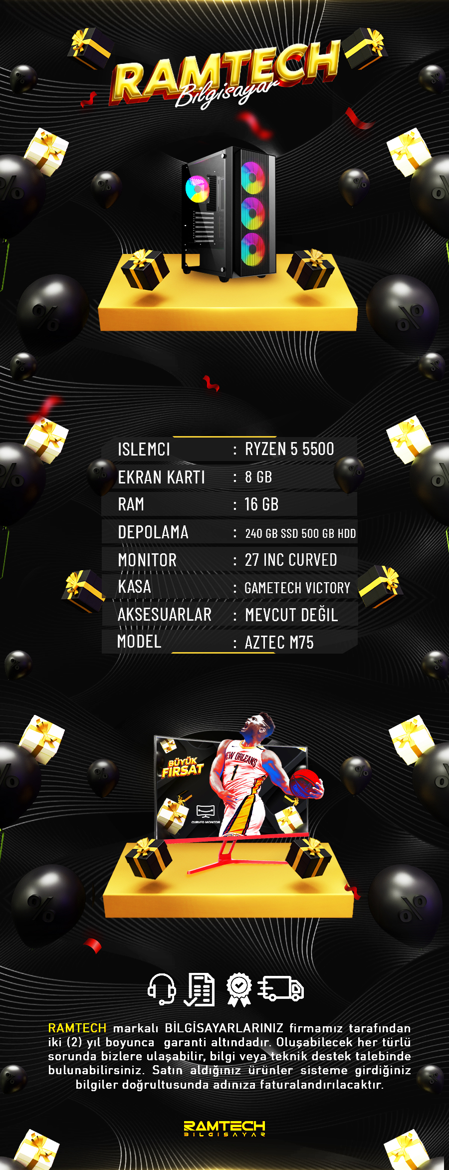 Ramtech Aztec M75 Ryzen 5 5500 16RAM 240SSD 500HHD RX6600 Fiyatı