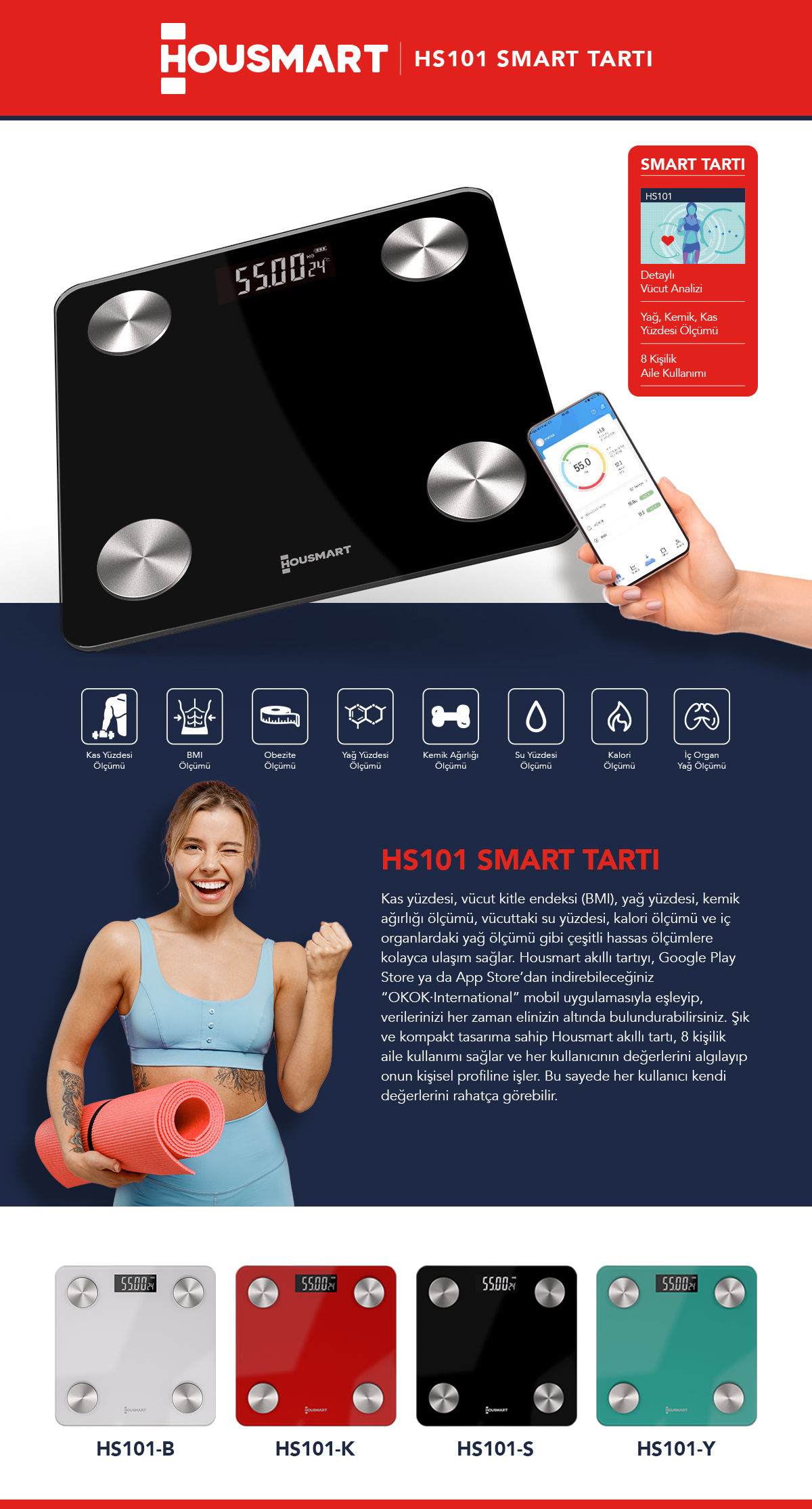 Housmart HS101 Vücut Analizli Yağ Ölçer Akıllı Bluetooth Fiyatı