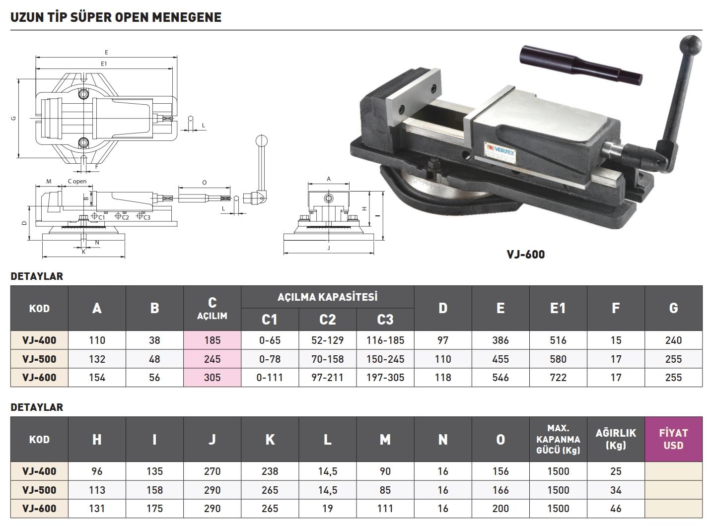 Fett VJ-600 Vertex Uzun Tip Süper Open Mengene Fiyatı