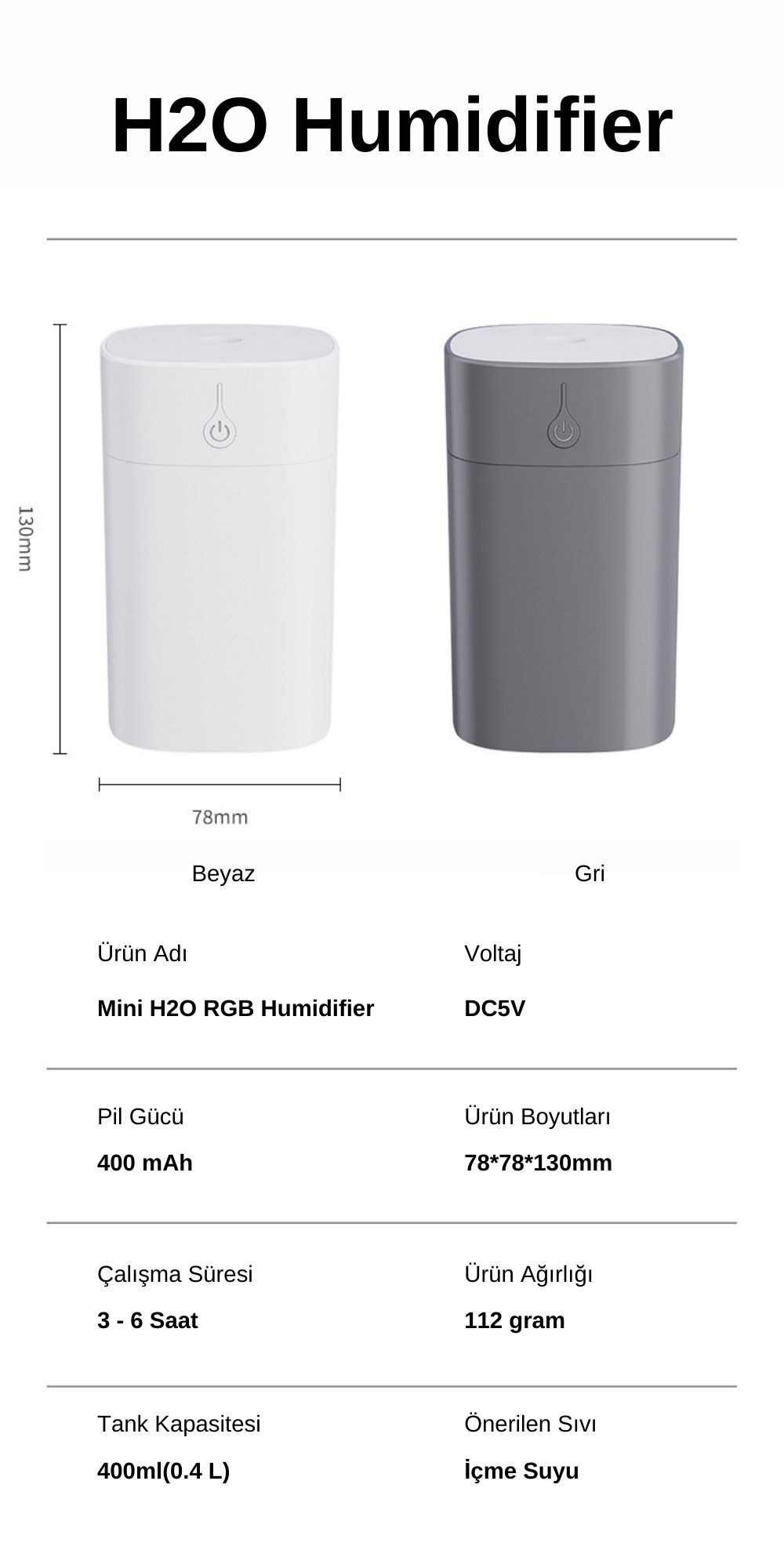 H2O Humidifier 400ML Ultrasonik Hava Nemlendirici Buhar Fiyatı