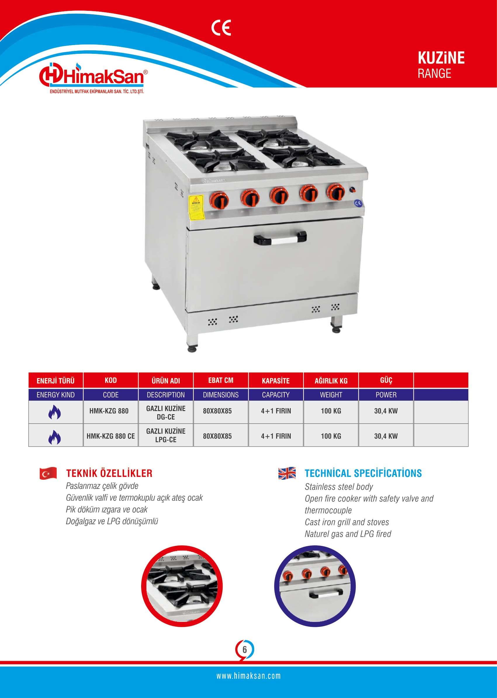 Himaksan Endüstriyel 80X80 cm 4+1 Lpg Tüplü 4 Lü Kuzine Ocak Fiyatı